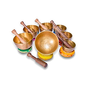 MASUM Tibetan Singing Bowl Set of 7, Authentic 7 metals for Yoga, Chakra healing, Deep Relaxation, Stress Relief and Mindfulness, Handmade in Nepal, comes w/ silk cushions an sticks MA-04