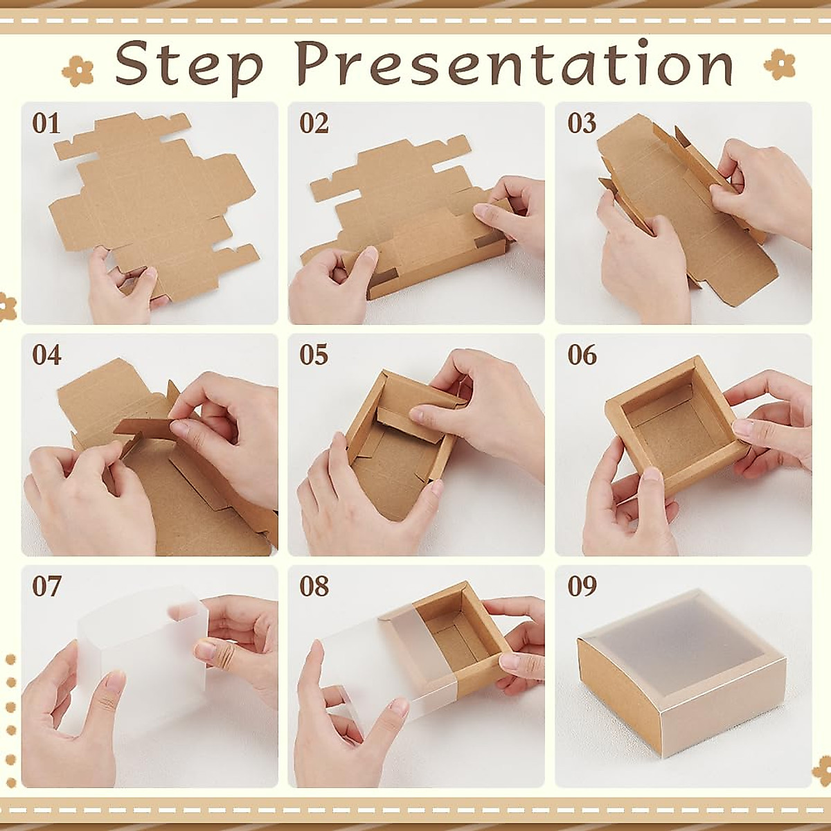 BENECREAT 12 Packs Small Square Brown Kraft Boxes Heavy Duty Paper Gift Box with Clear PVC Windows 3.3x3.3x1.2 for Party Favor Treats, Bakery, and Jewelry Packaging