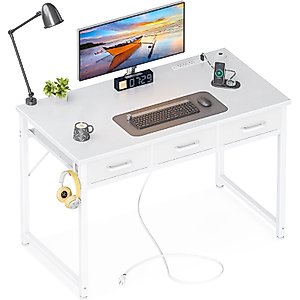 AODK 40 Inch Small Computer Desk with 3 Fabric Drawers, Office Desk with USB/Type-C Charging Ports & Power Outlets, Vanity Desk with Iron Hook for Bedroom, Study/Writing/Work Table for Bedroom, White