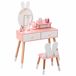 FIREFLOWERY Kids Vanity, Kids Vanity Table and Chair Set with Mirror & Storage Shelf, Princess Dressing Table, Toddler Makeup Vanity, Girls Vanity with 2 Large Drawers (White)