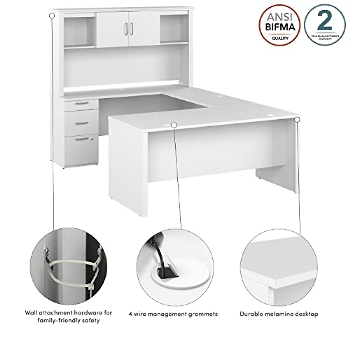 Bestar Logan U Shaped Desk with Hutch in Pure White, 65W