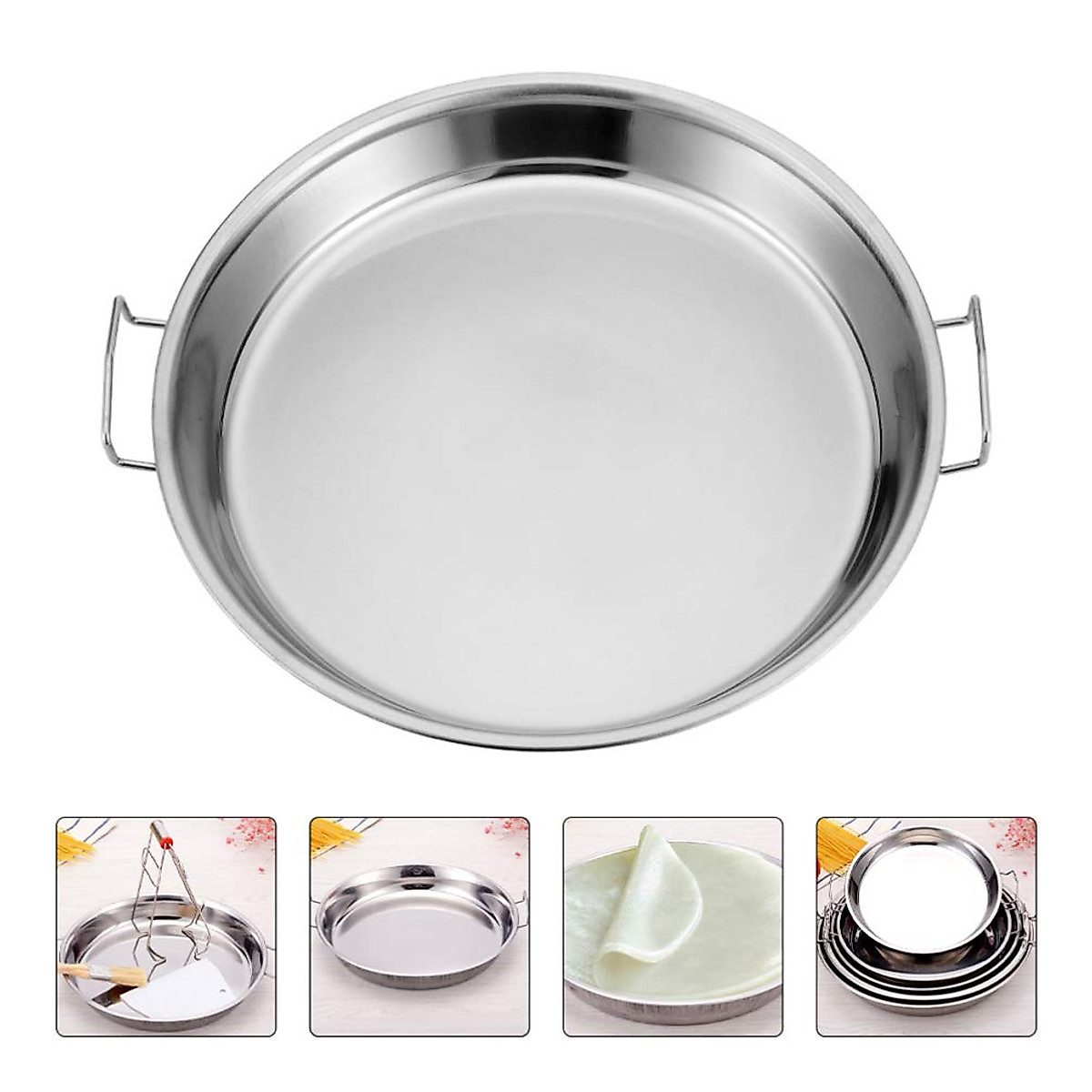 DOITOOL 2Pcs Stainless Steel Steaming Dish Cold Noodle Plate Steamed Rice Tray Round Steaming Tray With Double Handle for Home Kitchen Food Serving