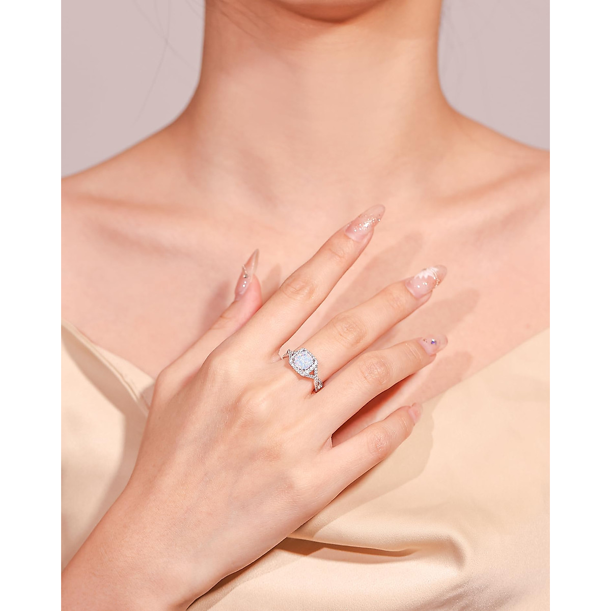 FANCIME Created Opal Rings Sterling Silver 4-Prong Halo White Opal Cubic Zirconia Infinity Engagement Wedding Ring Fine Jewelry for Women Size 7