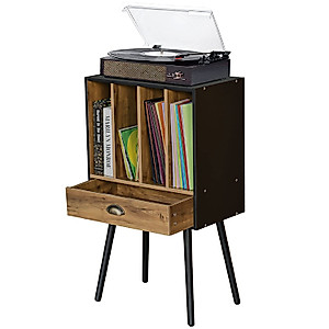 Record Player Stand, Turntable Stand with 4 Cabinet and Drawer, Mid-Century Modern Vinyl Record Storage Stand with Wood Legs, Vinyl Storage 140 LPs, Record Player Table for Living Room Bedroom
