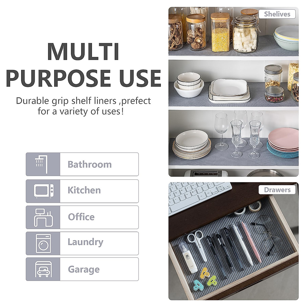 TJWODO Shelf Cabinet Liner,Drawer Liners Non Adhesive Easiest Install Mat, Strong Grip Bottom,Easy Clean Non Slip Shelving Liner for Kitchen Cabinets,12" x20'