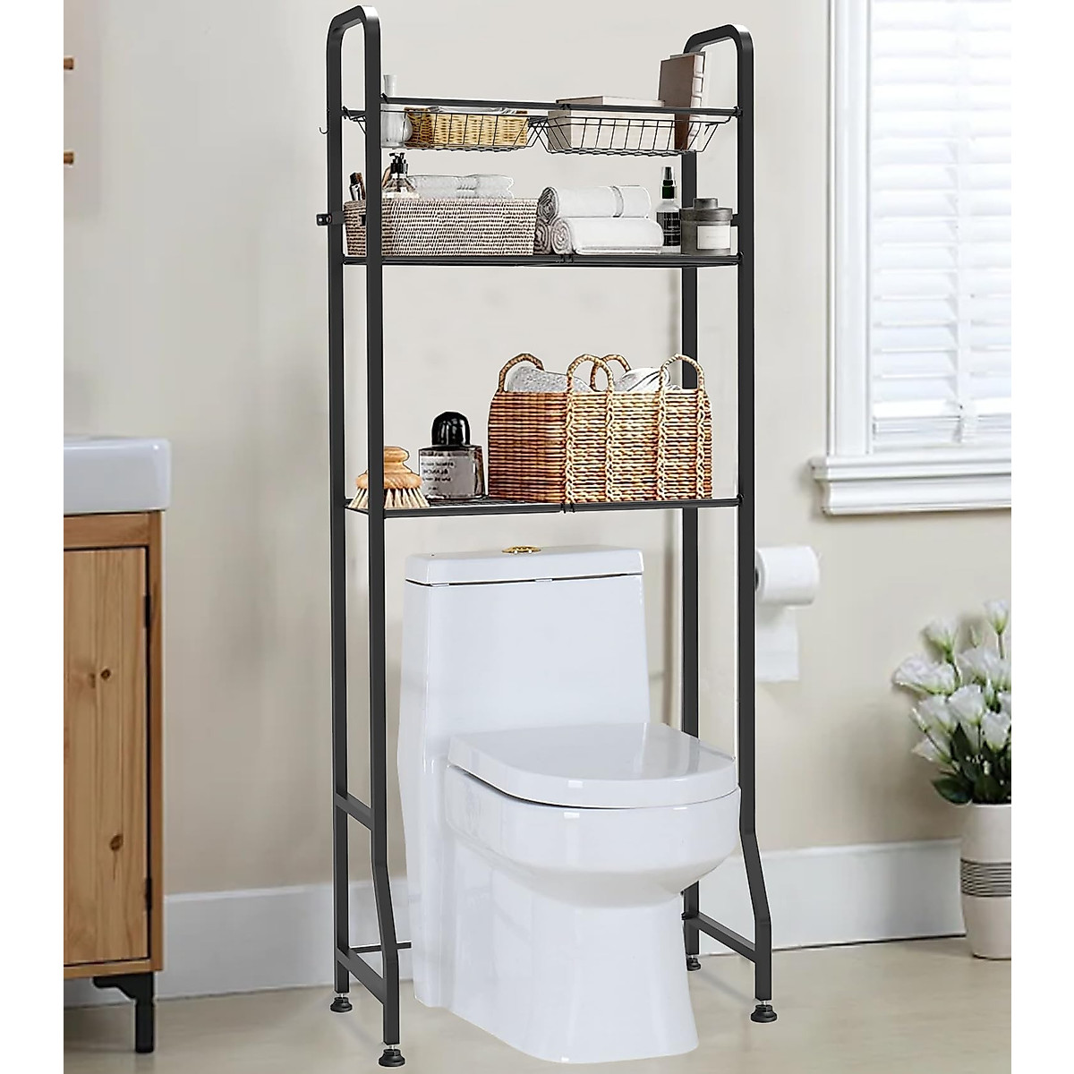 Khordin Over The Toilet Storage Shelf for Bathroom, 3-Tier Above Toilet Rack Bathroom Organizer with Adjustable Shelves and Hanging Hooks, Easy to Assemble & Space Saving, Black