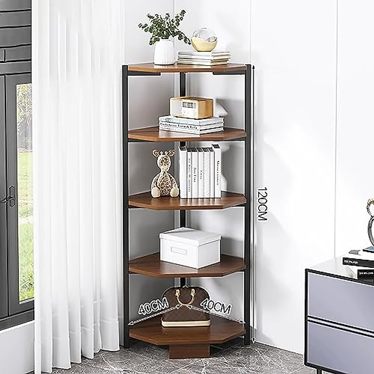 Corner Shelf Stand 4-Tier/5-Tier/6-Tier Storage Bookshelf Industrial Corner Bookcase Wood Furniture Plant Stand for Living Room Kitchen Home Office