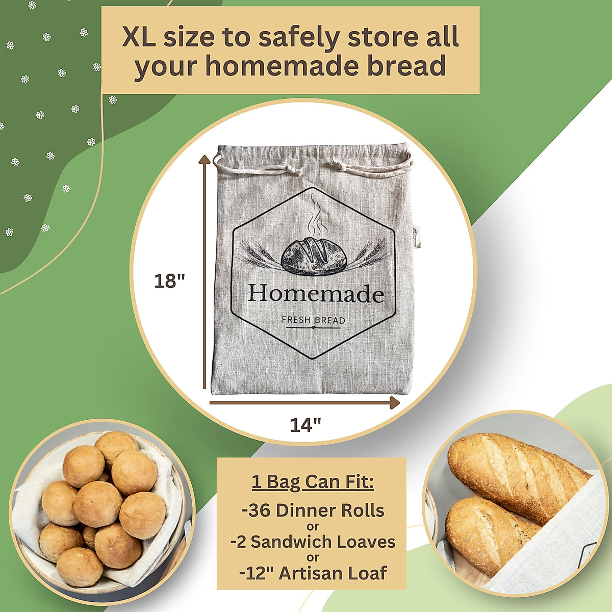 Bread Bags for Homemade Bread | 2 Pack XL Organic Linen Sourdough Bread Bags | Reusable Bread Bags | Homemade Bread Storage | Linen Bread Bag | Bread Storage For Homemade Bread