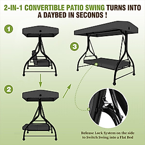 MUPATER Patio Porch Chairs, 3 Seats Outdoor Canopy Swings Glider with Stand and Cushion for Outside, Backyard, Deck, Lawn