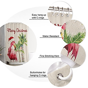 Merry Christmas Shower Curtain for Bathroom 72" x 78" Tropical Flamingo Palm Tree Shower Curtain with Hooks Polyester Waterproof Home Bathtub Decor