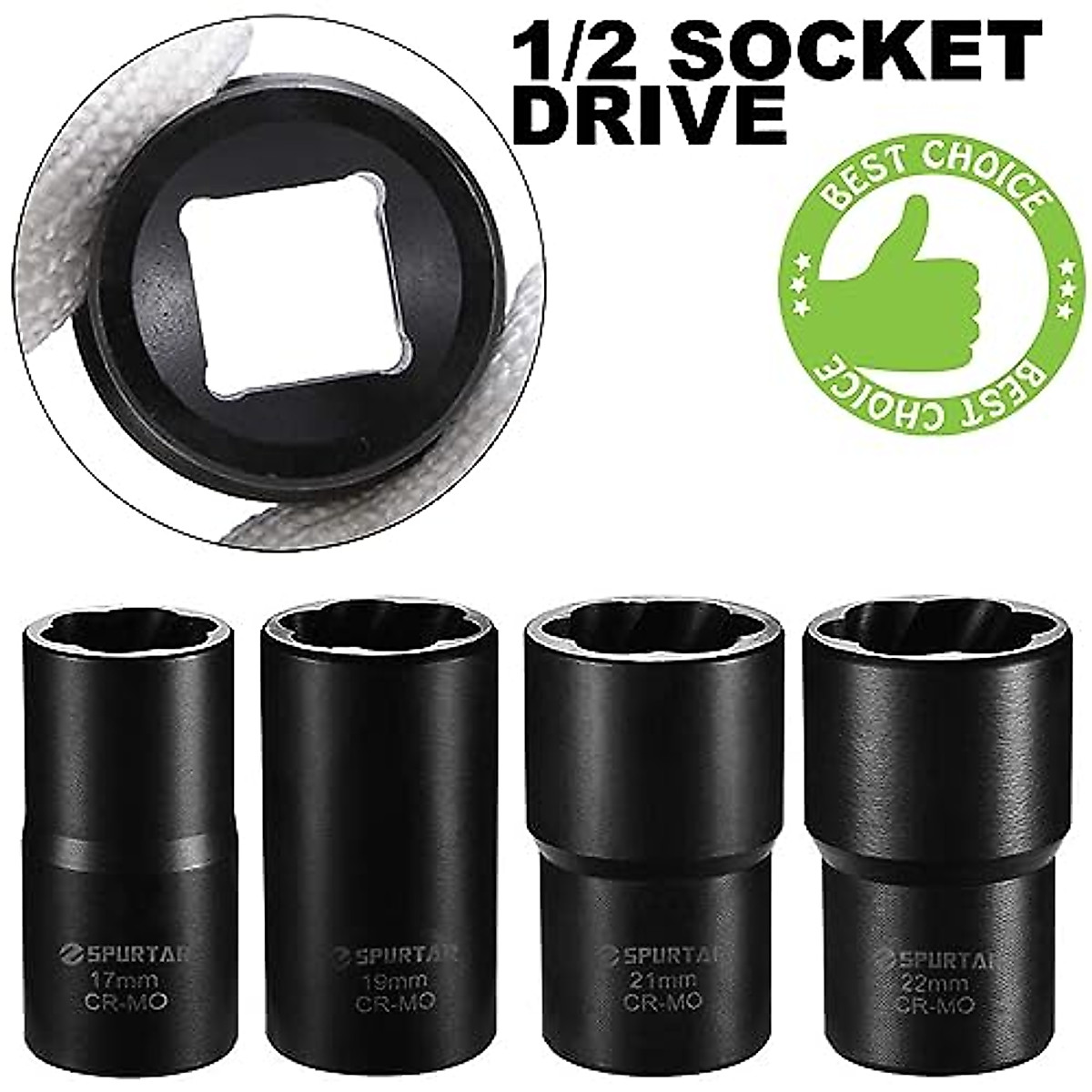 Spurtar 5 Pcs Twist Socket Set, Stripped Lug Nut Remover Wheel Lock Removal Kit Extractor Set for Removing Damaged, Dead, Rusted, Rounded-Off Bolts, Nuts & Screws-17MM,19MM, 21MM, 22MM