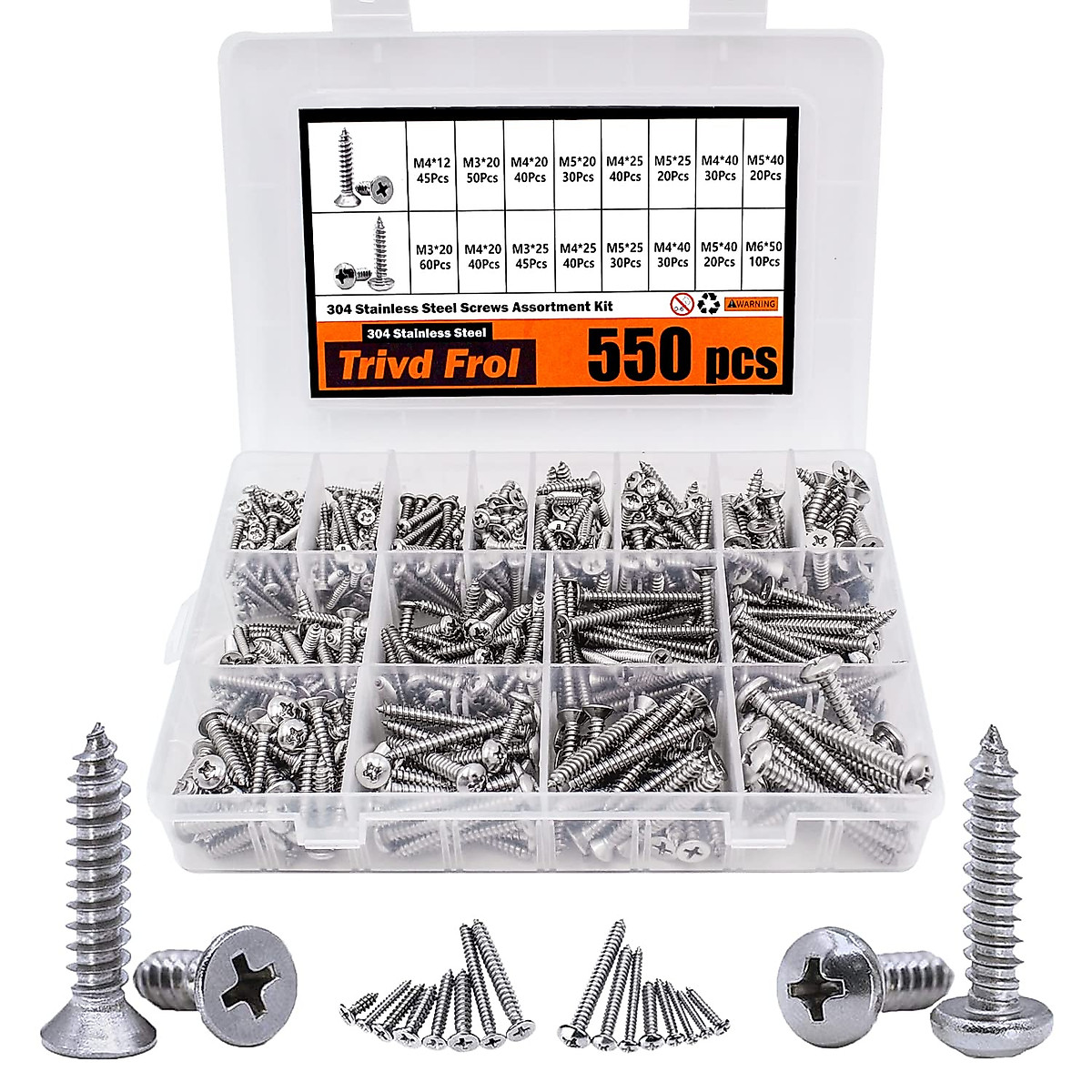 Trivd Frol 550Pcs Self Tapping Screws Assortment Set, M3/M4/M5/M6 304 Stainless Steel Sheet Metal Screws Kit, Phillips Drive Wood Screw Assortment 550Pcs(275pcs Round Head and 275pcs Flat Head)