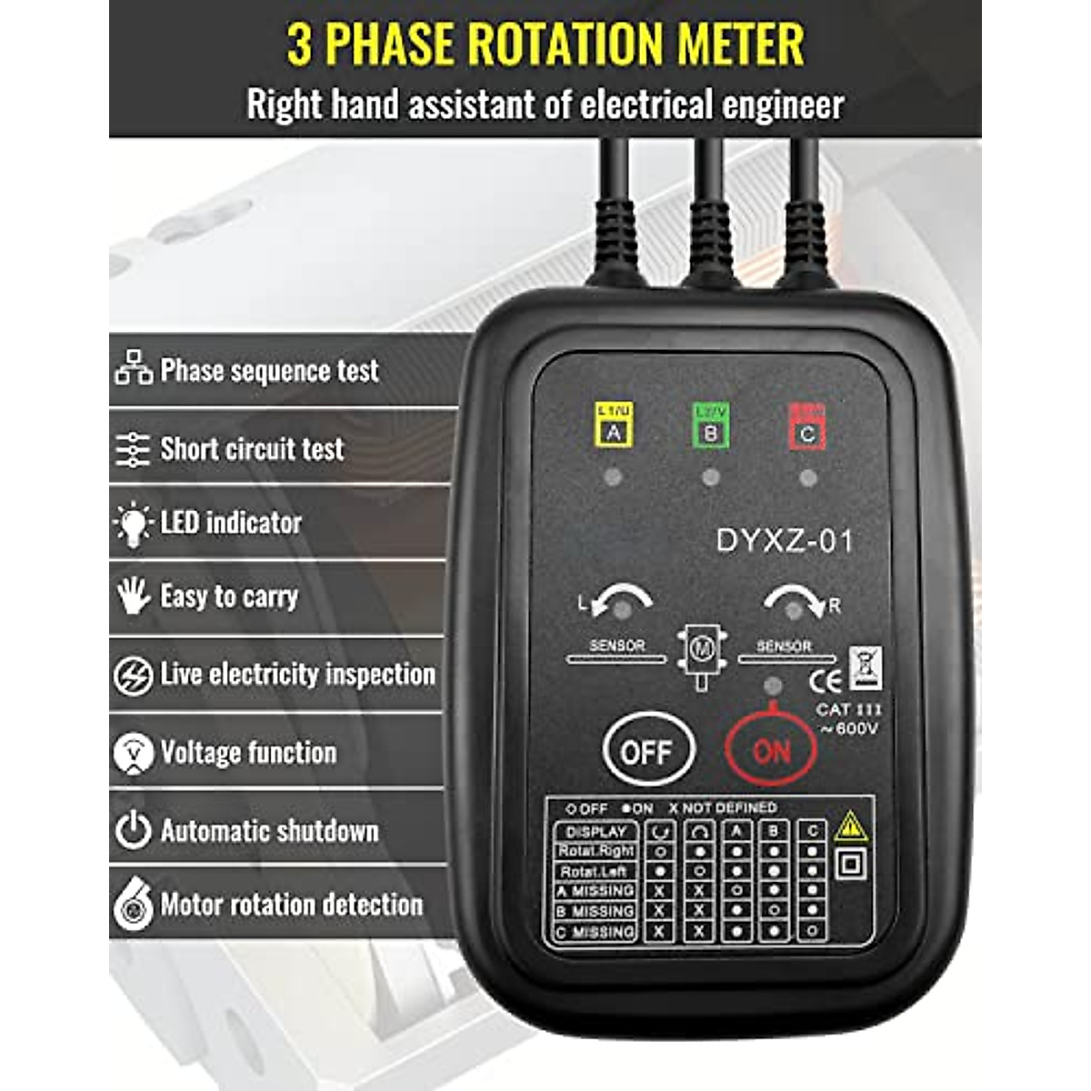 Phase Rotation Meter Non-Contact 3 Phase Motor Rotation Tester AC 70~600V High Magnetic Induction Phase Sequence Detector with 22 Inch Clamp Lead, LED, Carrying Bag Auto Power Off Phase Meter