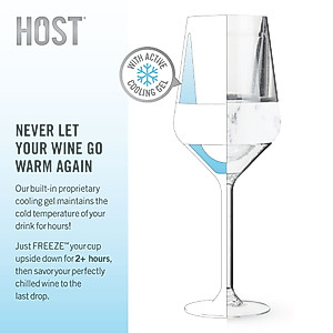 Host Wine Freeze Double-Walled Stemmed Wine Glasses Freezer Cooling Cups with Active Cooling Gel and Insulated Silicone Grip, 6.5 Oz Plastic Tumblers, Marble, Set of 2