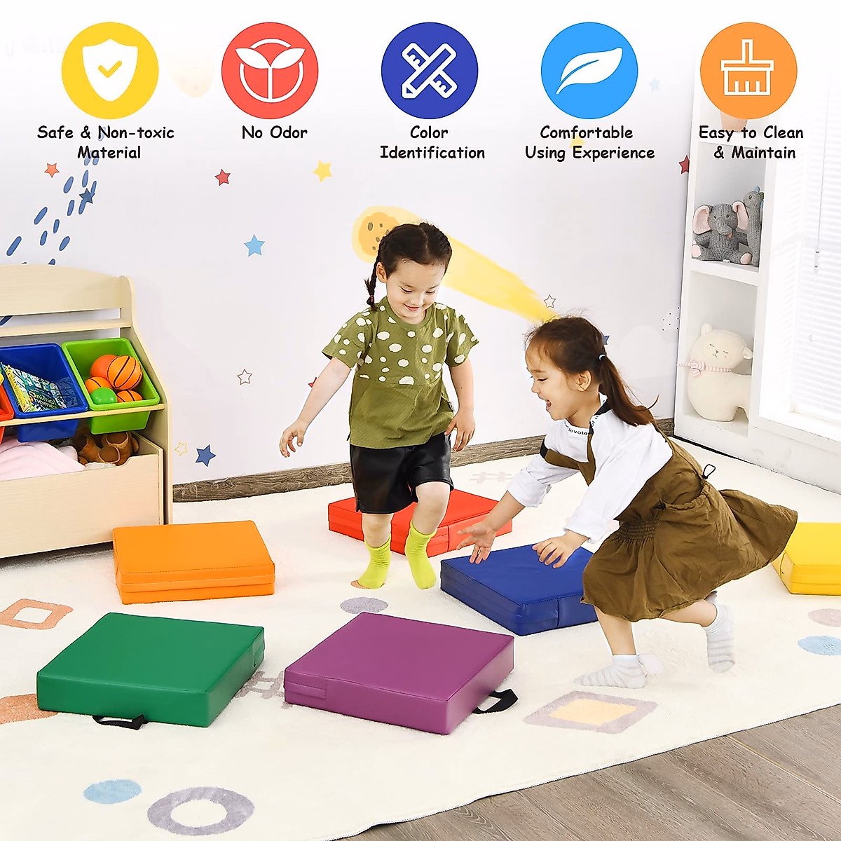 Costzon 6-Piece 15 inch Floor Cushions for Kids, 3" Thick Waterproof Daycare Soft Flexible Seating with Handle for Classroom, Home, Nursery, Portable Deluxe Foam Seating for Preschool, Kindergarten