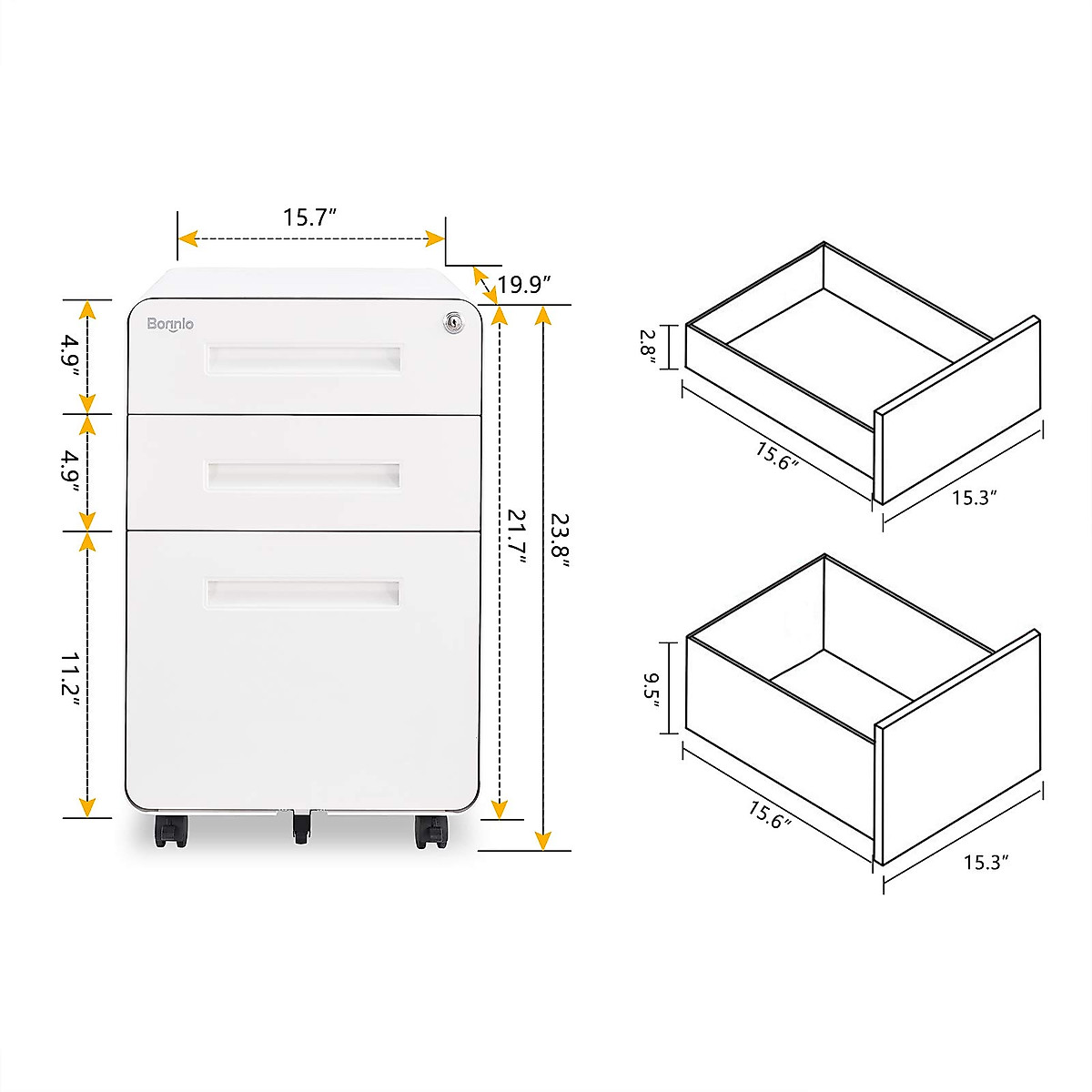 Bonnlo 23.8" H 3 Drawer Rolling File Cabinet with Lock, Mobile File Cabinet Under Desk with Pencil Tray, White Locking File Cabinet for Home Office, Metal Filing Cabinet Printer Stand Fully Assembled