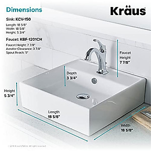 KRAUS Elavo 18 1/2-inch Square White Porcelain Ceramic Bathroom Vessel Sink with Overflow and Arlo Faucet Combo Set with Lift Rod Drain, Chrome C-KCV-150-1201CH
