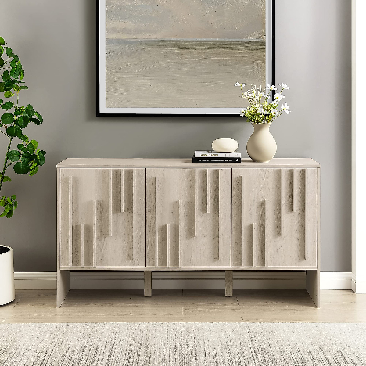 Walker Edison Contemporary Detailed 3-Door Sideboard 55 Inch Ivory Oak