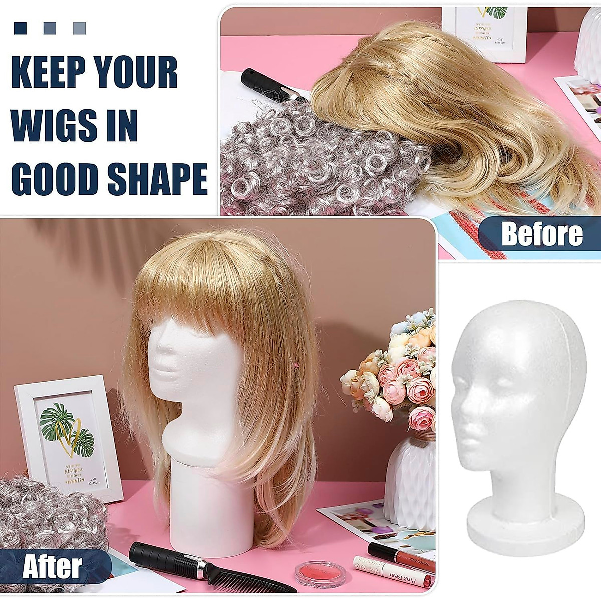 STUDIO LIMITED 11.4-Inch Styrofoam Mannequin Head (3 Pack) - White Foam Wig Stand for Wigs, Hats, Masks, Hairpieces, Arts, Crafts, DIY Projects, Salon Display, and Travel Use