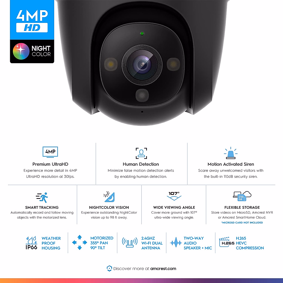Amcrest 4MP Outdoor PT WiFi IP Camera Pan Zoom (Digital 16x) SmartHome WiFi Camera Security Speed Dome, Motorized Tilt, 98ft Nightcolor, (2.4Ghz), 107º FOV, IP66, 4MP, ASH47-W