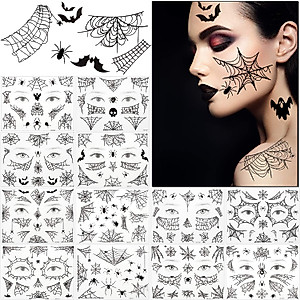 94 Pieces Halloween Spider Face Tattoos Spider Webs Temporary Tattoos Shoulder Arm Back Body Art Sticker for Witch Halloween Costume Cosplay Theme Party Favors, 12 Sheets