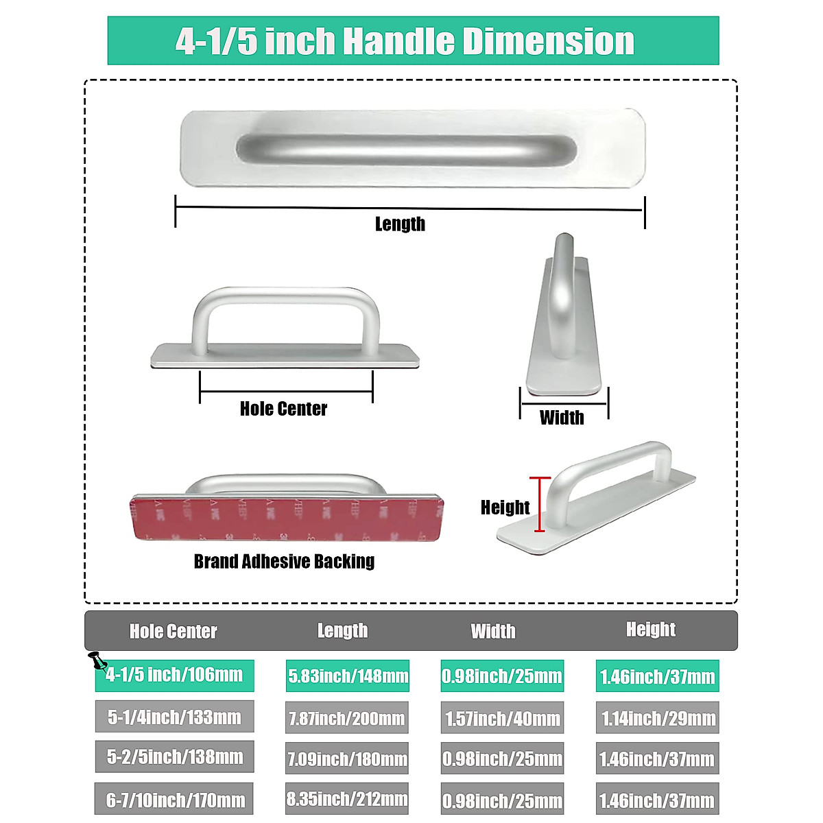 Skyscraper Self-Stick Instant Kitchen Cabinet Bathroom Drawer Closet Door Handle Pulls 2pcs/Set (106mm, Silver)