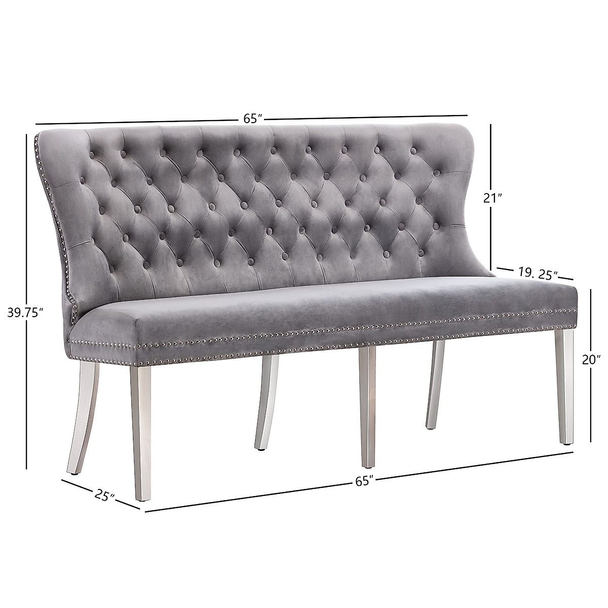 UDAX Velvet Bench with Back, Upholstered Armless Couch Settee with Button Tufted Backrest Nailhead Around, Light Grey