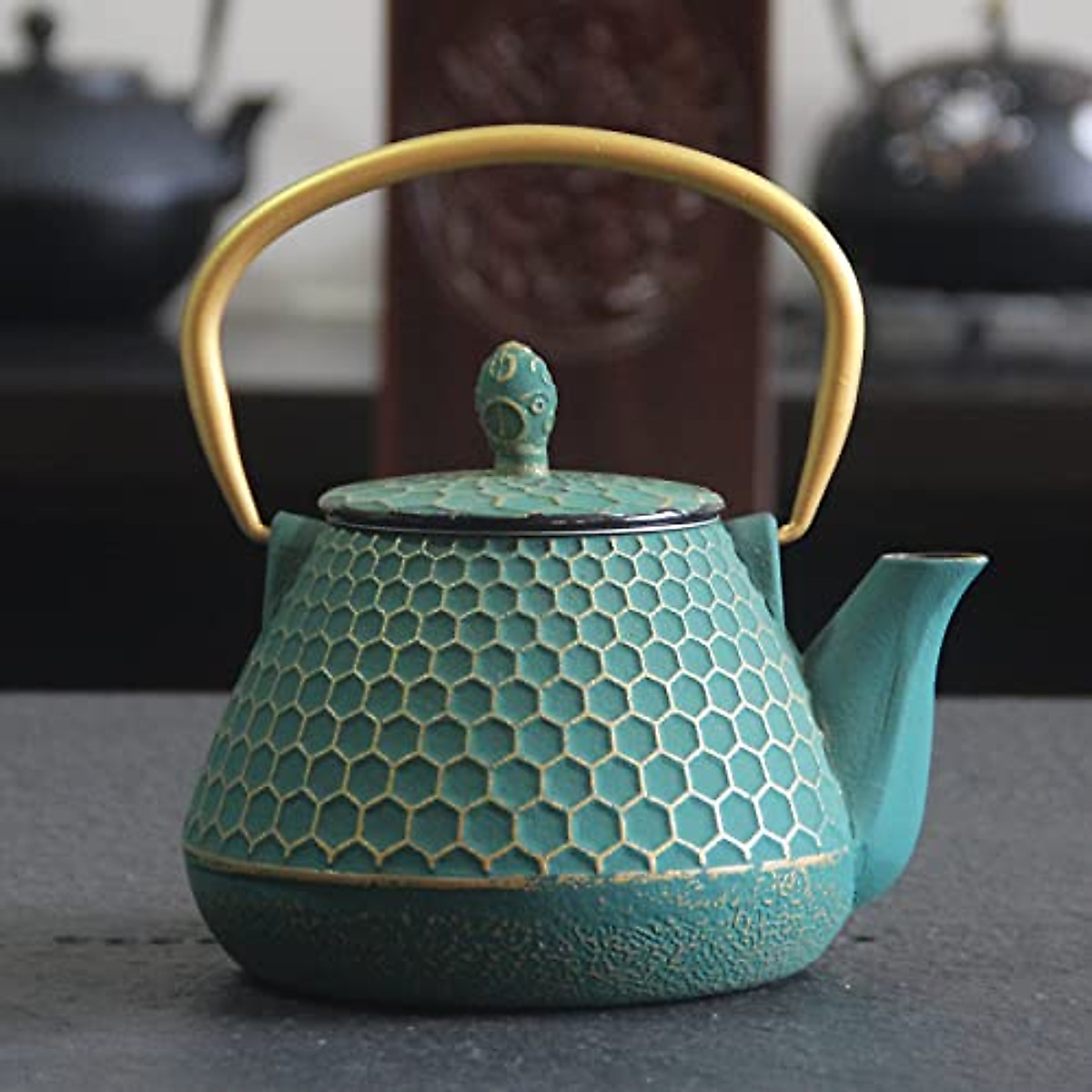 Cast Iron Tea Kettle, Japanese Tetsubin Teapot Coated with Enameled Interior, Durable Cast Iron Teapot with Stainless Steel Infuser for Stovetop Safe(1000ml/34oz)