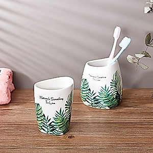 Coffeezone Irregular Shape Bathroom Accessories Set, 4 Piece Tropical Leaves Design Ceramic Bath Accessory Set with Soap Pump Dispenser, Toothbrush Holder, Tumbler & Soap Dish
