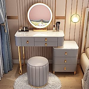 PUREUV Vanity Desk,Vanity Mirror with Touch Screen HD Lighting Mirror Desk and Chair,6 Storage Drawers,Features Modern Sintered Marble Top,Girls Bedroom Vanity (Color : Gray, Size : 80cm/31.5")