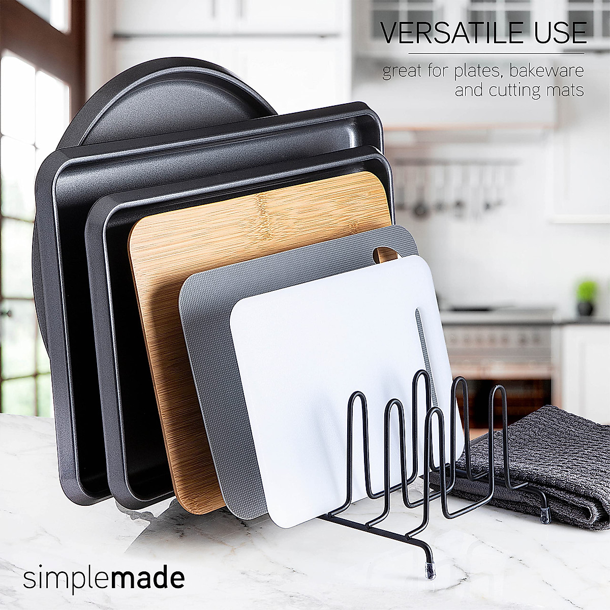 SIMPLEMADE Kitchen Dish Rack Organizer - 2 Wire Metal Cabinet Organizers and Storage Rack for Plates, Dishes, Pots, Pot Lids, Pan Lids, Container Lids - Shelf, Counter & Pantry Organization (Black)