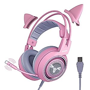 SOMIC G951pink Gaming Headset for PC, PS4, PS5, Laptop, Cat Ear Headphone USB Gaming Headphones with Mic Noise Cancelling, LED Light, 7.1 Virtual Surround Sound for Girls, Women