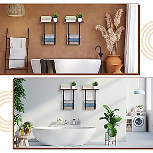 Qunclay 2 Pcs Wall Towel Racks for Rolled Towels, Bathroom Towel Holder with Wooden Shelf for Large Small Roll Towel, Hand Towels, Spa, Salon, RV, Matte Black