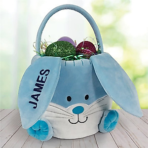 GiftsForYouNow Embroidered Plush Blue Bunny Personalized Easter Basket for Little Boys, Easter Egg Hunt Tote, Perfect for Toys and Candy, 10" W x 7" H x 9" D