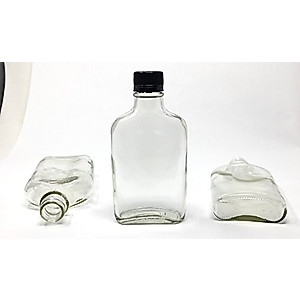 200 ml (6.6 oz) Glass Flask Liquor Bottle with Black Caps (12 Pack)
