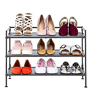 Seville Classics Sturdy Freestanding Storage Shelf for Bedroom, Closet, Entryway, Dorm Room Organizer Stackable Durable Metal Shoe Rack Silver Mist Slat, 3-Tier