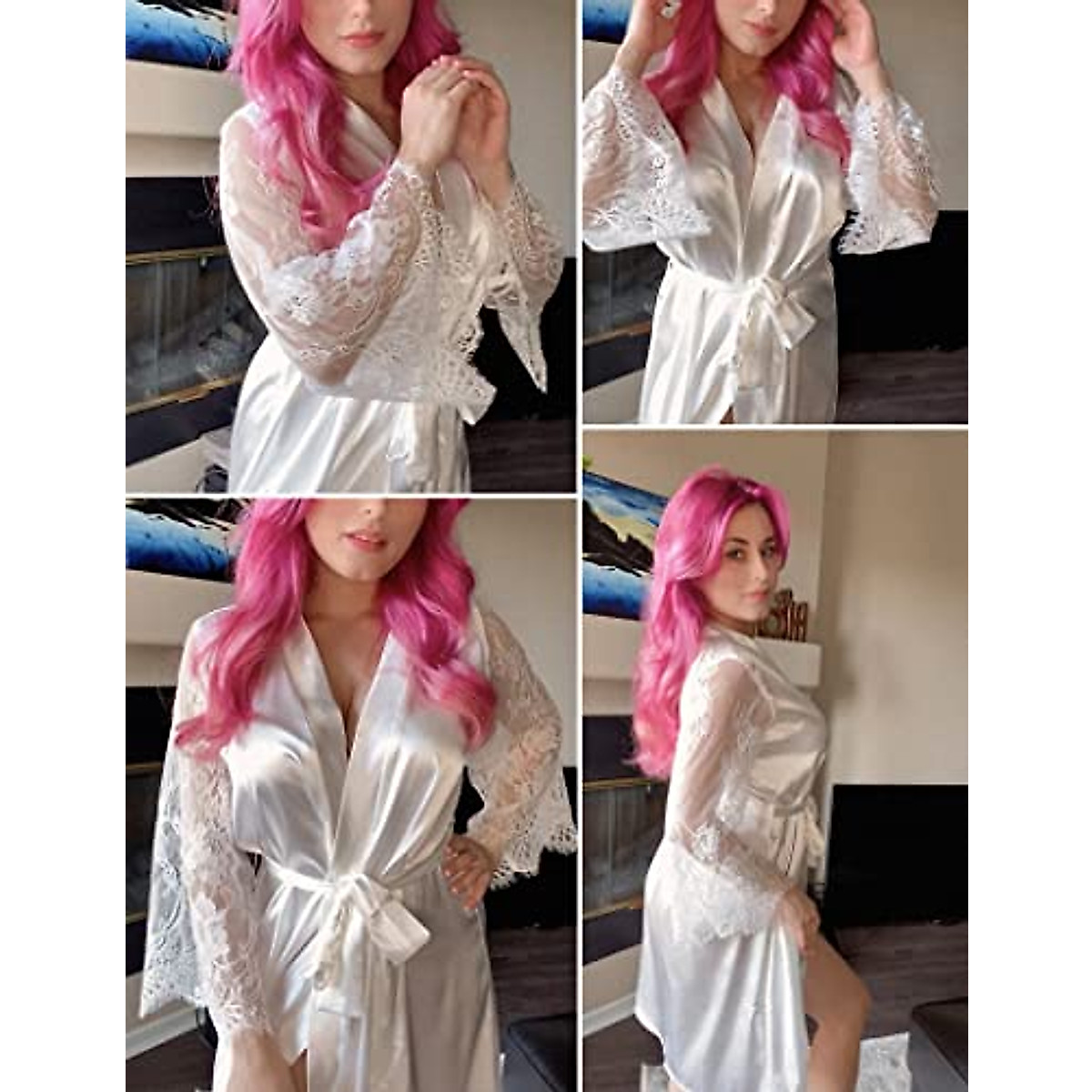 Avidlove Women's Satin Robe Short Kimono for Bride & Bridesmaid Wedding Party Robes White