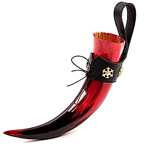 Mythrojan THE RED WITCH Viking Drinking Horn with Black Leather holder Authentic Medieval Inspired Viking Wine/Mead Mug – Polished Finish