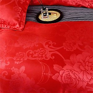 TUMAN Pro European-Style Satin Jacquard Duvet Cover Set, Red Luxury Comforter Set for All-Season, Ultra Soft Breathable Bedding Set with 1 Duvet Cover & 2 Pillowcases,No Comforter (Red, Queen)