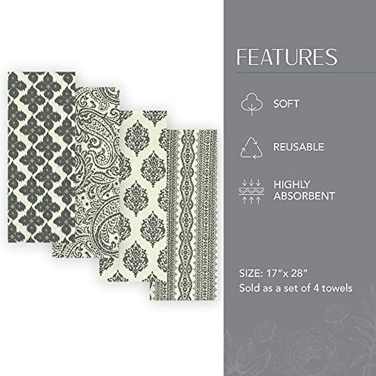 Elrene Home Fashions Everyday Casual Prints Assorted Cotton Fabric Kitchen Towels, Set of 4, 17" x 28", Gray 4 Count