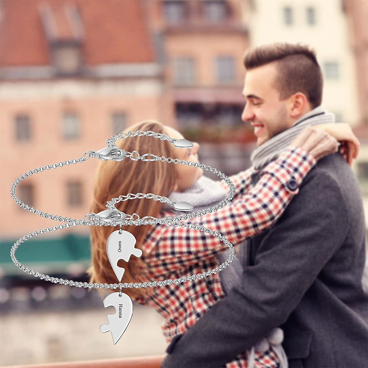 BAUMA AUTO Personalized Puzzle Piece Bracelet Set 2/3/4/5/6 Pcs for Family Love Best Friend Custom Name Anklet Bracelet BFF Matching Heart Pendant Set (Silver-3)