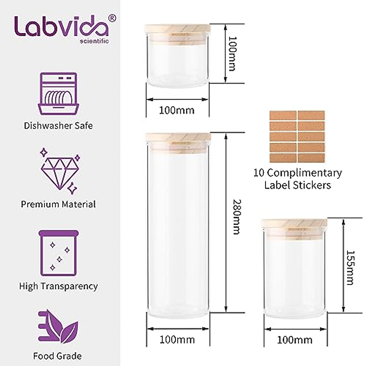 Labvida 6pcs Glass Food Storage Jars 21.3/33/62.6oz-3/2/1pcs Food Containers with Airtight Pine Lids, for Pasta, Cookies, Nuts, Coffee Beans, Canisters for Kitchen, Pantry, LVAG009