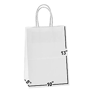 [50 Bags] 10 X 5 X 13 White Kraft Paper Gift Bags Bulk with Handles. Ideal for Shopping, Packaging, Retail, Party, Craft, Gifts, Wedding, Recycled, Business, Goody and Merchandise Bag