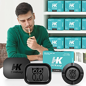 HiKeep Rolling Tray Set of 3, Matte Metal Rolling Tray with PVC Soft Magnetic Lid - 7 x 5.5, Ashtray - 5.8" (Owl Design)