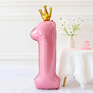 40 Inch Crown Pink Number 1 Balloon, Big Conjoined Baby Pink Foil Mylar Helium 1 Balloon | Girls 1st Birthday Balloon Pink Princess Theme Baby Shower First Birthday Party Decorations Supplies