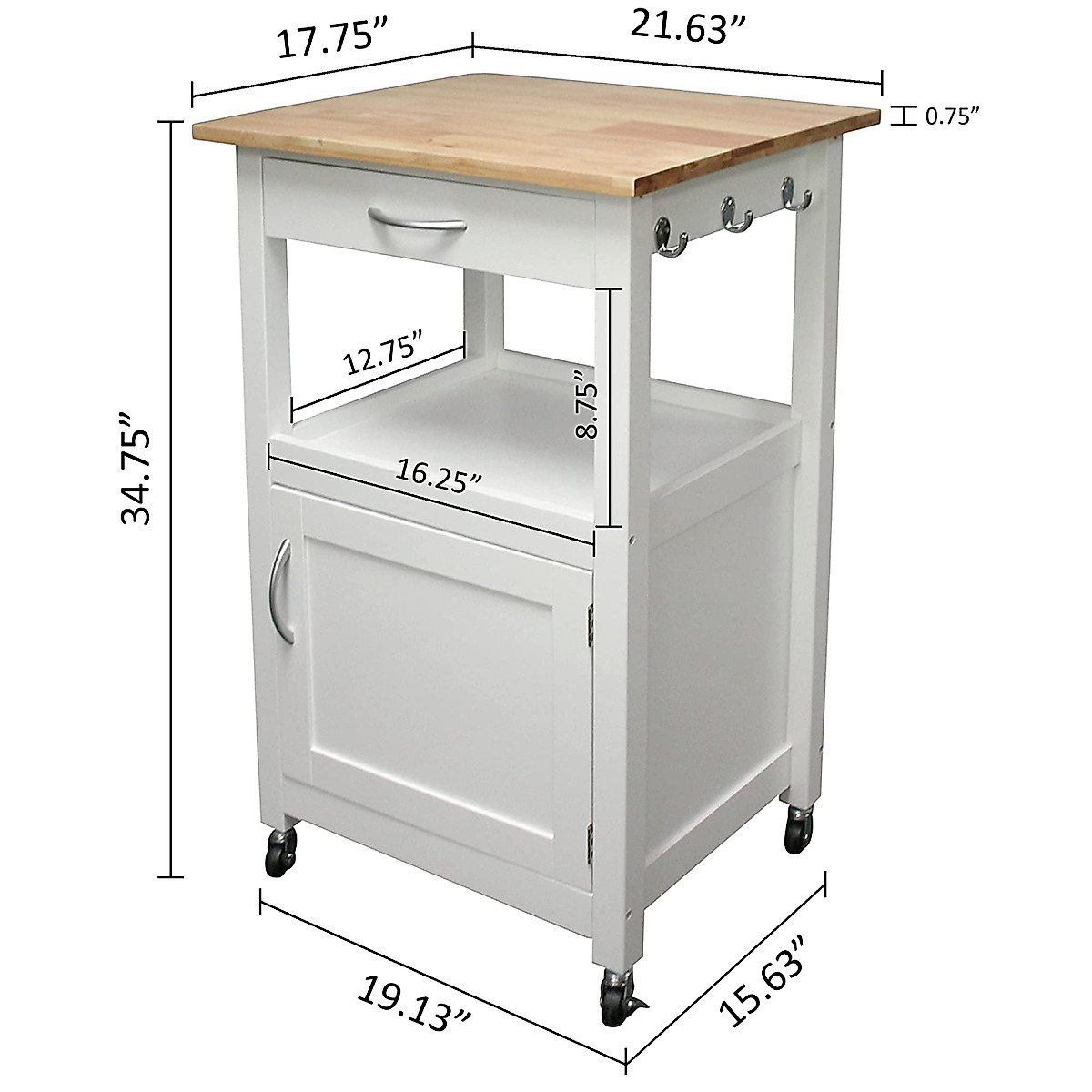 eHemco Kitchen Island Cart on Wheels with Drawer, Storage Cabinet, Shelf and Natural Solid Hardwood Top, White Base