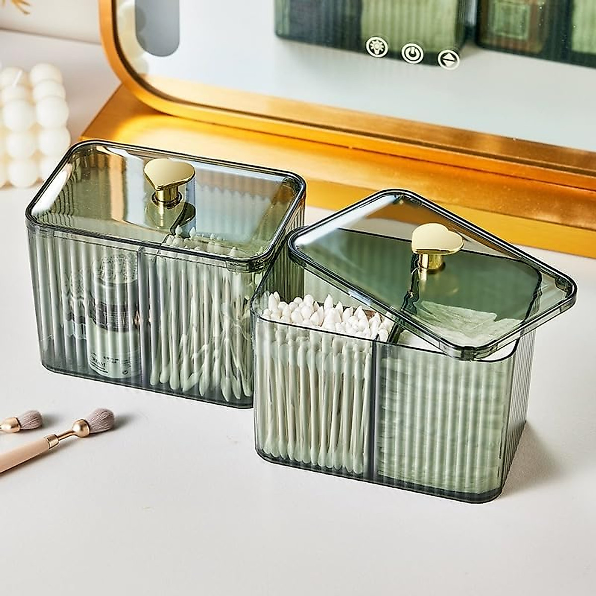 WIWIUXY Qtips Holder Bathroom Container,3-Section Cotton Ball/Swabs Dispenser,3 Grids Apothecary Jar Organizer, Cosmetics Storage for Vanity