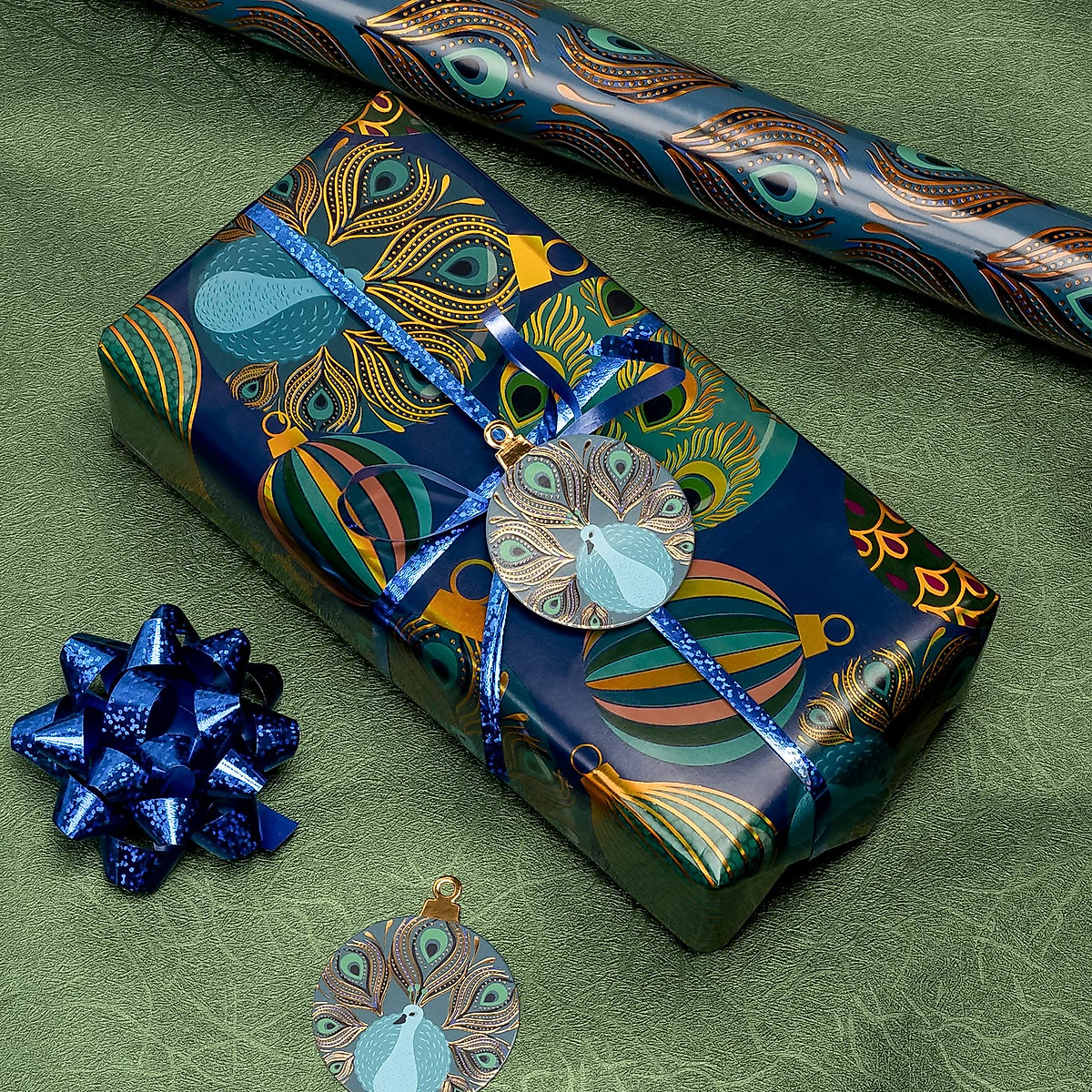 WRAPAHOLIC Peacock Christmas Wrapping Paper Roll - Green Peacock Elements Patterns with Metallic Foil Shine - 4 Rolls - 30 Inch x 120 Inch Per Roll