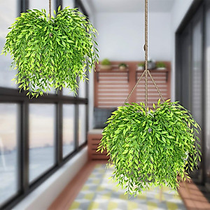 LoveniMen Artificial Weeping Willow, Plastic Plants Greenery Shrubs, Fake Hanging Vine Ivy Garland Outdoor Indoor Home Garden Verandah Parterre Wall Baskets Table Decoration UV Resistant 4 pcs