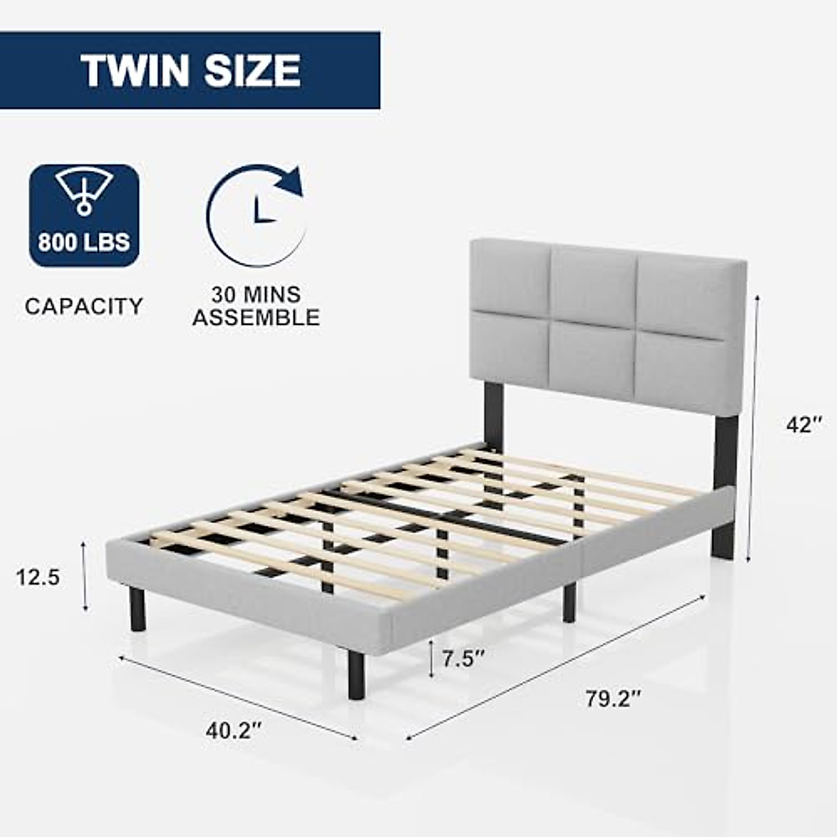 Molblly Twin Bed Frame with Upholstered Headboard, Strong Frame and Wooden Slats Support, Non-Slip and Noise-Free, No Box Spring Needed, Easy Assembly, Light Grey